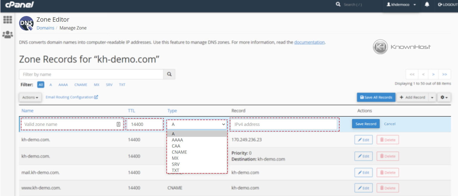 How to add DNS records in cPanel? - KnownHost