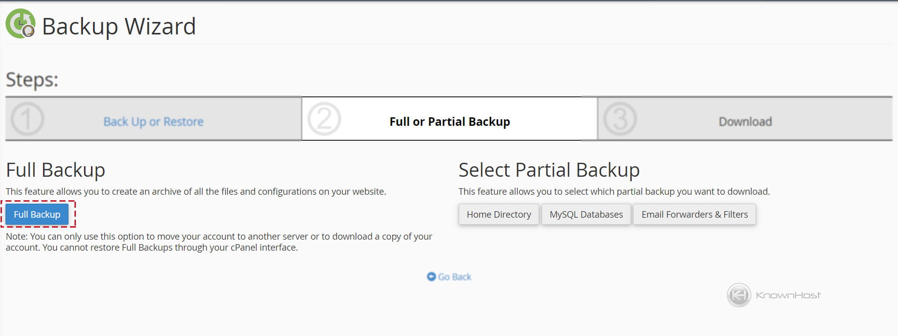 How to Take Full Backup using Backup Wizard in cPanel? - KnownHost