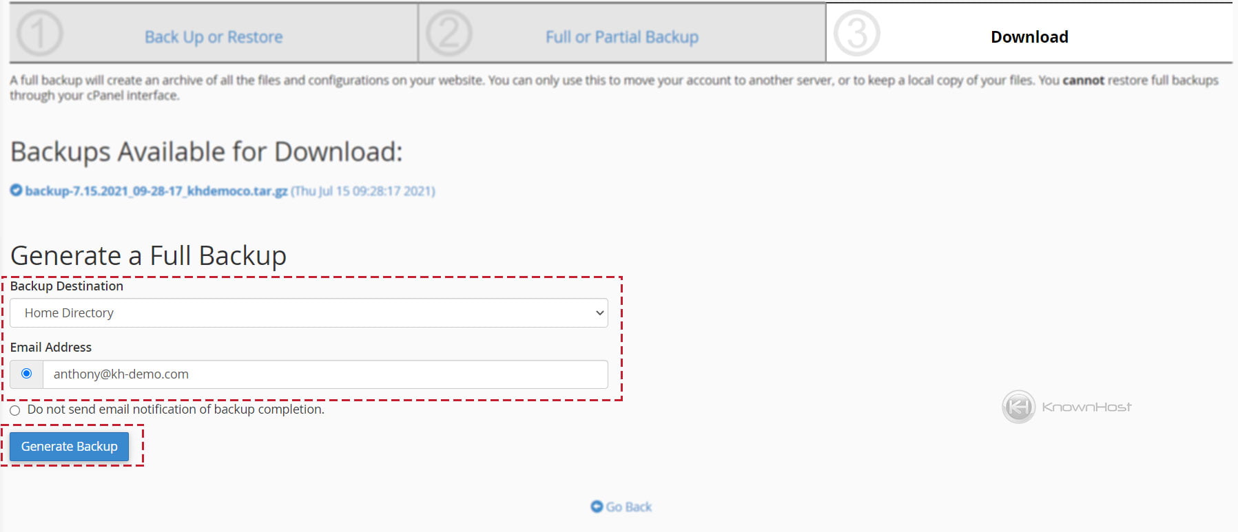 How to Take Full Backup using Backup Wizard in cPanel? - KnownHost