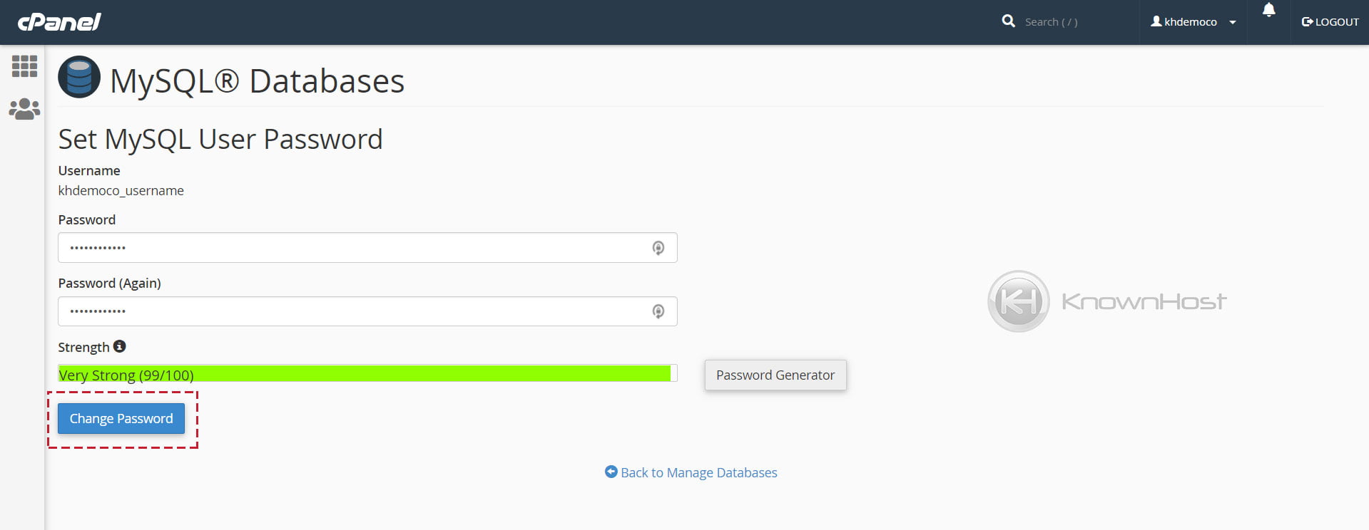 How to change a MySQL users password in cPanel? - KnownHost