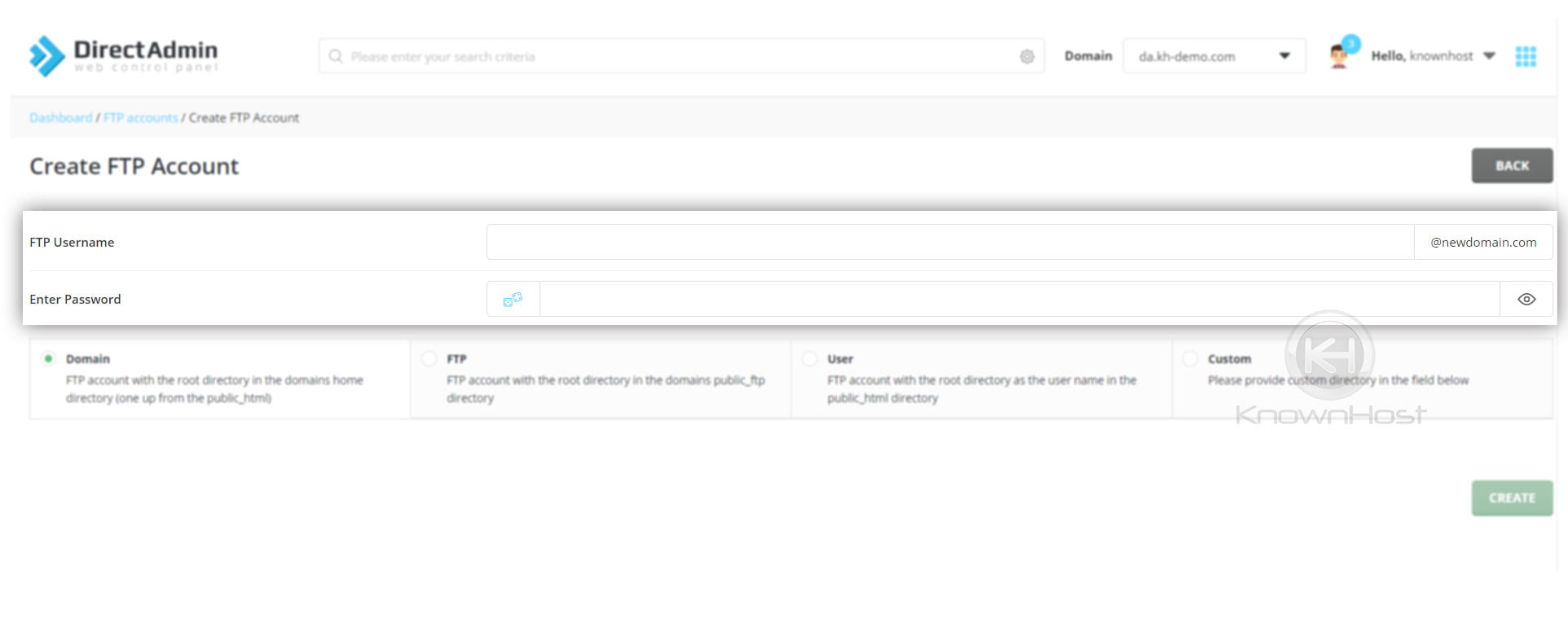 How to create an FTP account in DirectAdmin? - KnownHost