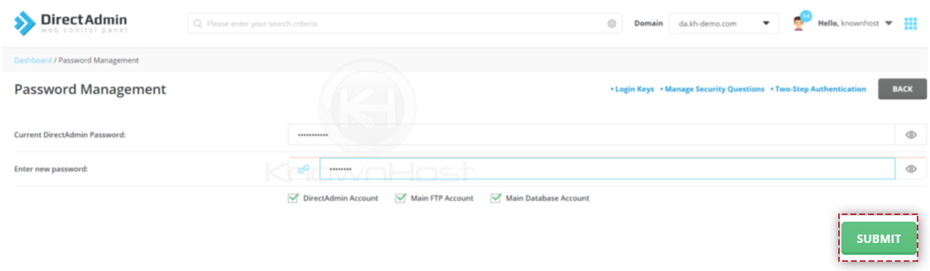 How to change the account password in DirectAdmin? - KnownHost