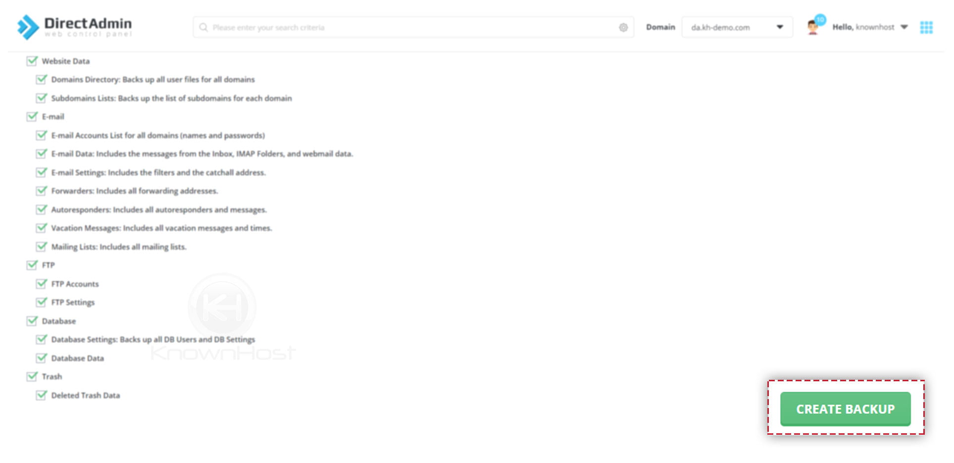 How to create a backup in DirectAdmin? - KnownHost