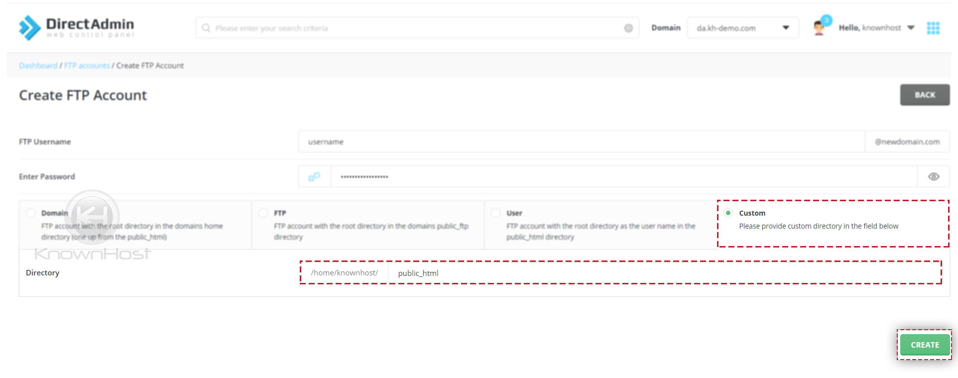 How to create an FTP account in DirectAdmin? - KnownHost