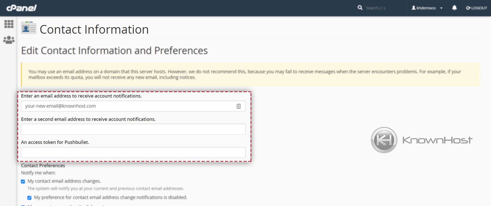 How to update contact information in cPanel? - KnownHost
