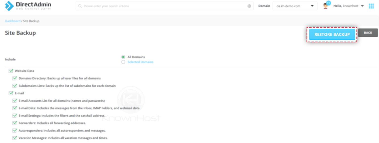 How to restore the backup in DirectAdmin? - KnownHost