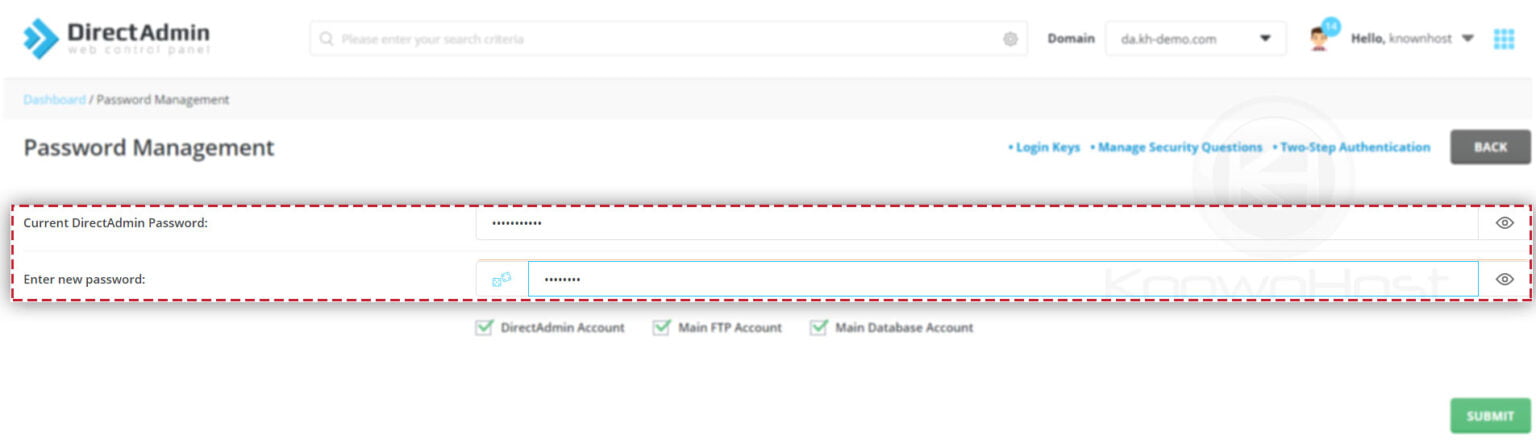 How to change the account password in DirectAdmin? - KnownHost