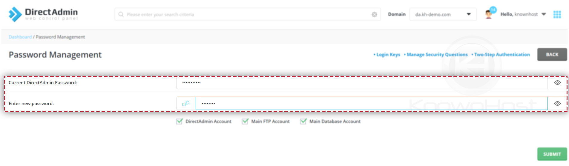 How to change the account password in DirectAdmin? - KnownHost