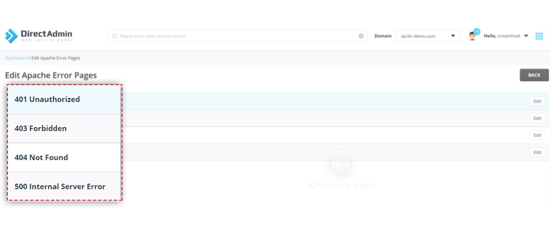 How to set up Custom Error Pages in DirectAdmin? - KnownHost