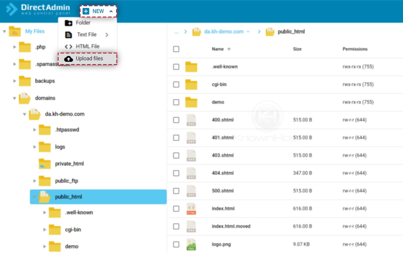 How to upload files in the DirectAdmin? - KnownHost