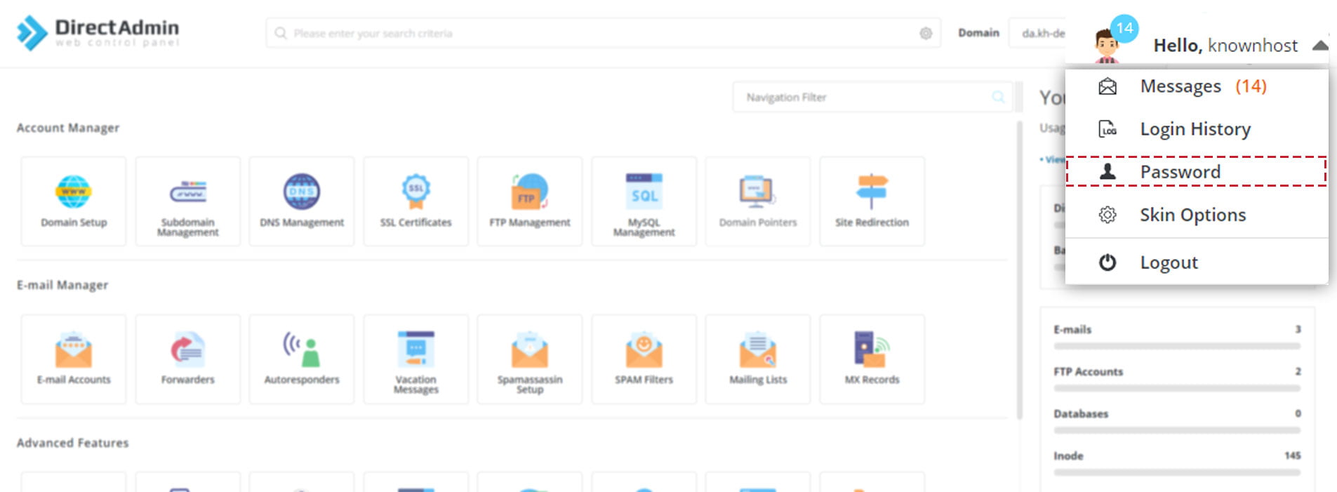 How to change the account password in DirectAdmin? - KnownHost