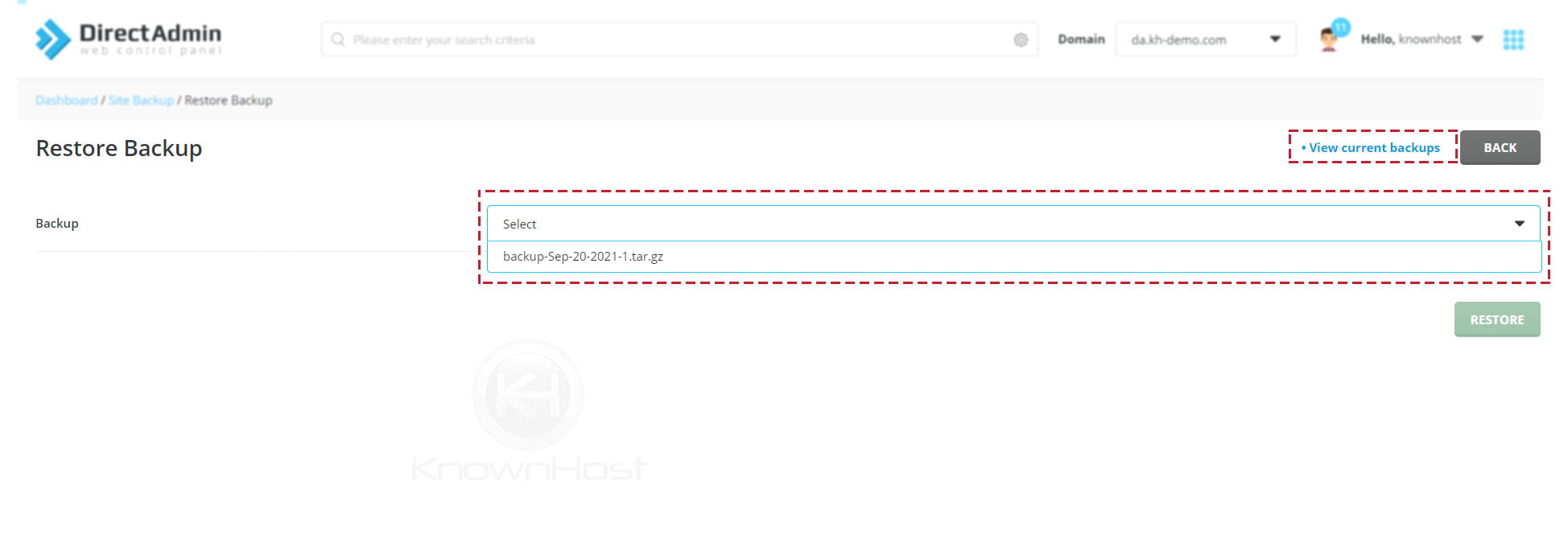 How to restore the backup in DirectAdmin? - KnownHost