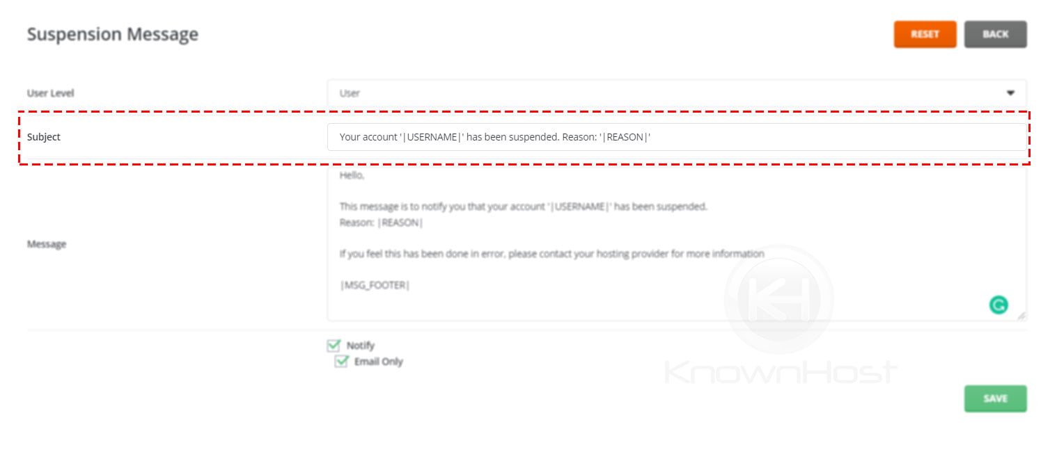 How to add a custom suspension message in DirectAdmin? - KnownHost
