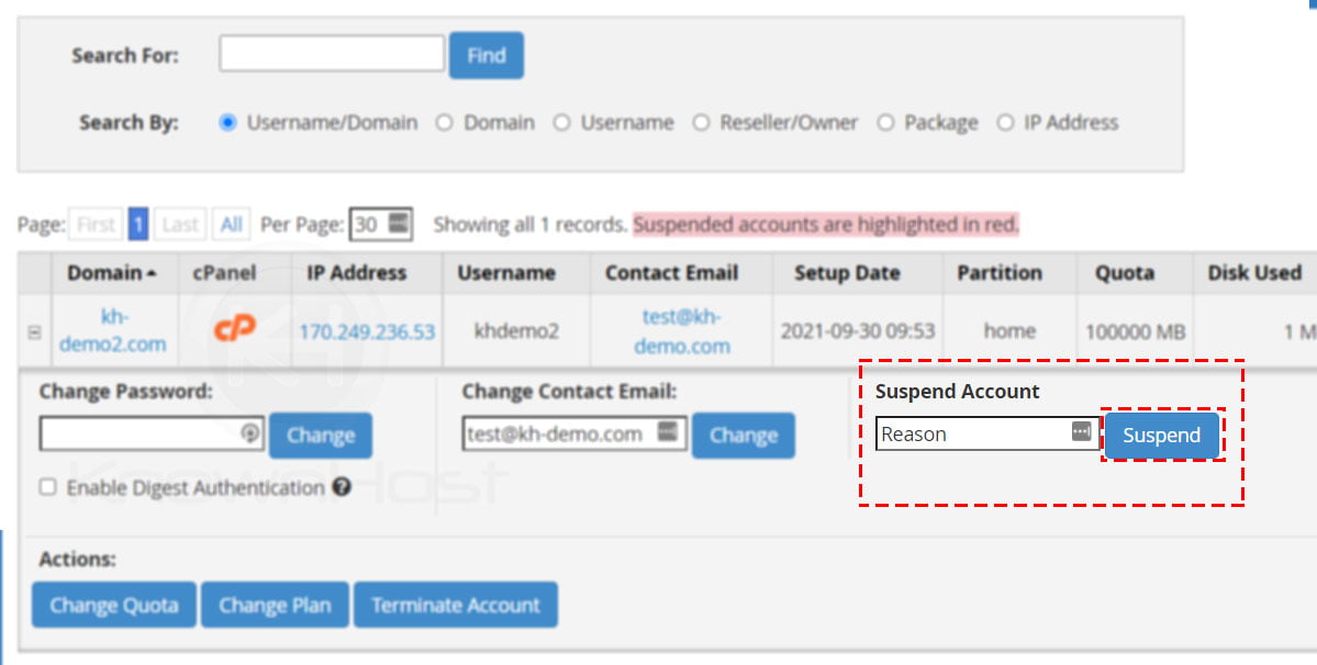 How to suspend a cPanel account? - KnownHost