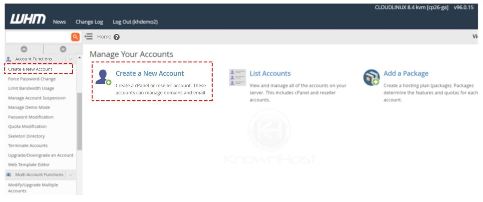 How to create a cPanel account using WHM? - KnownHost
