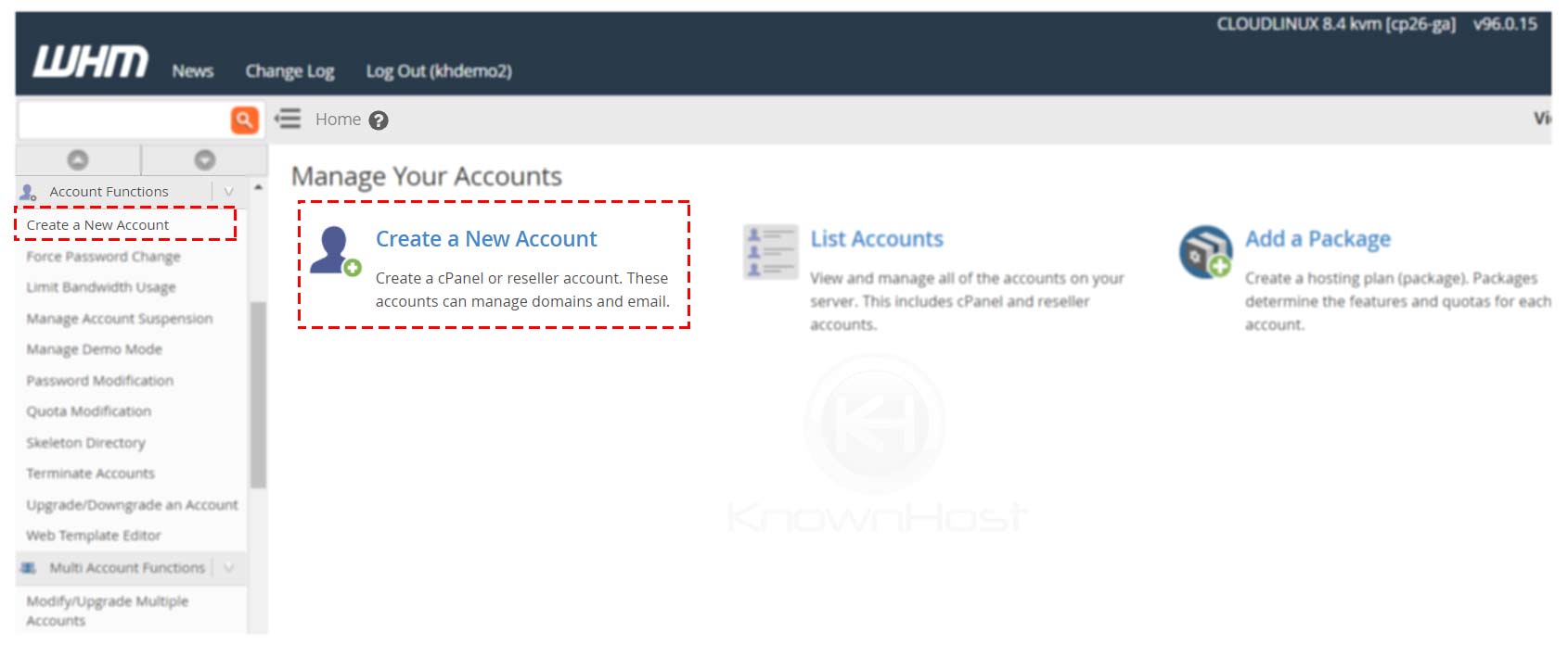 How to create a cPanel account using WHM? - KnownHost