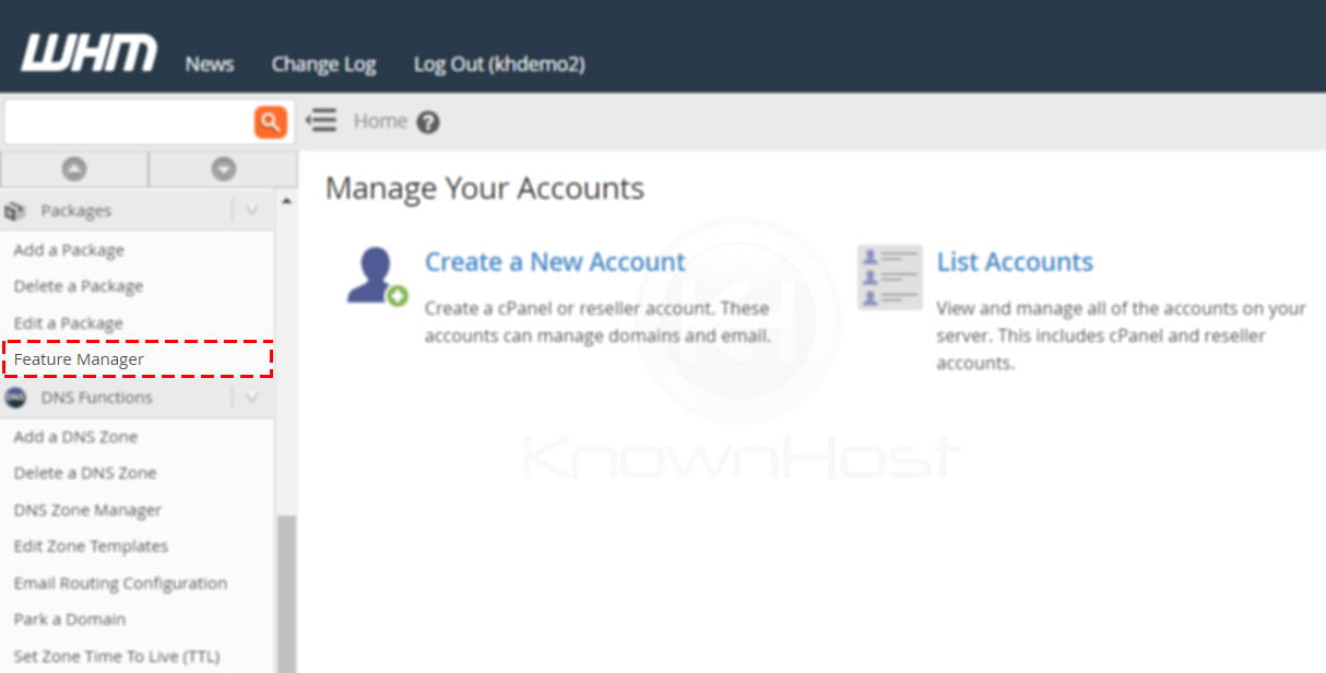 How to use Feature Manager in WHM? - KnownHost