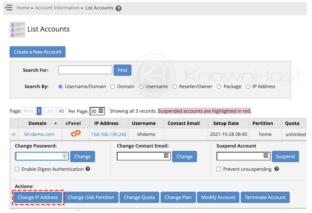 How to remove Dedicated IP and set a Shared IP address for a cPanel account? - KnownHost